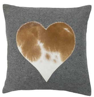 Mars & More Kissen, Zierkissen, Dekokissen, Fellkissen - Echtes Kuhfell - Herz - Grau Braun - 45 x 45 cm