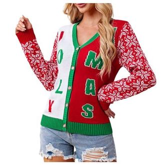 Generic Sweat Noel Femme Chic,Pull Femme Tricoté ÉLéGant pour Saisons Automne Hiver Confection Lettrage Jacquard DéCoration V DéColleté Mode Confortable