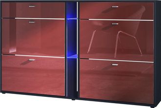 Vladon Schuhschrank Schuhkipper Today 155,5 x 95 x 28 cm, mit Blauer LED Beleuchtung, Made in Germany, Korpus in Schwarz matt, Fronten in Bordeaux Hochglanz