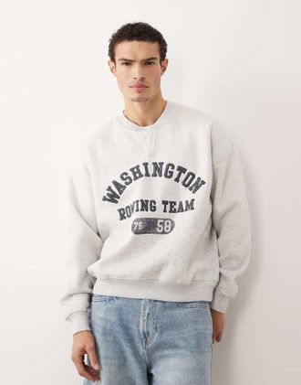 Abercrombie & Fitch Pull l&eacute;ger &agrave; col tunisien boutonn&eacute; - Gris