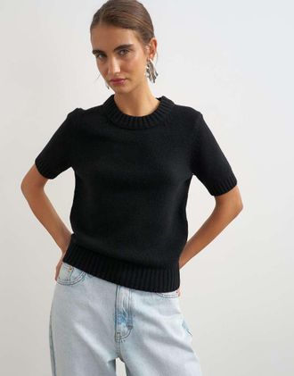 Topshop t-shirt en maille premium en pure laine dagneau &agrave; manches courtes et col rond, noir avec bordures lilas-Pas de couleur