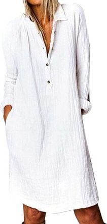 ORANDESIGNE Sommerkleid Leinen Kleider Damen Lang Blusen Casual Baumwoll und Leinen Langarm Kleid Halbarm Kleid mit Taschen Hemdkleid C Wei&szlig; 38