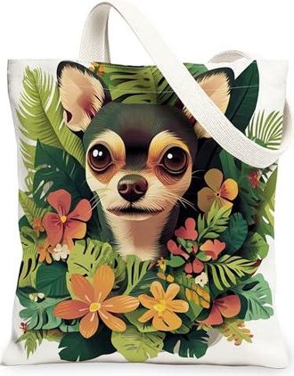 Generic Sac fourre-tout en toile motif chihuahua printanier 33 x 38,1 cm, sac d&eacute;picerie r&eacute;utilisable avec motif imprim&eacute; de plantes, fleurs, chiots pour femme,