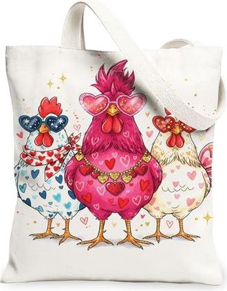 Generic Sacs fourre-tout en toile avec motif de poulets mignons, sacs d&eacute;picerie r&eacute;utilisables, l&eacute;gers et lavables en toile pour Shoppin, blanc, 13x15 Inch