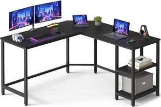 Vasagle Bureau dOrdinateur en Forme de L, 138 x 138 x 76 cm, Bureau dAngle avec 2 &Eacute;tag&egrave;res, Gain de Place, pour Jeu, Noir Bois&eacute; LWD072B56