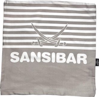 Sansibar Kissenhülle 45x45 cm - 100 % Baumwolle, mit verdecktem Reißverschluss, gestreift, maritimes Design mit Säbel-Logo - Dekokissenbezug (Taupe/Weiß)