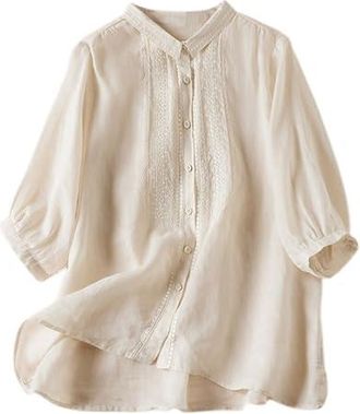 Generic T-shirt pour femme printemps nouveau style ethnique r&eacute;tro temp&eacute;rament broderie ample et confortable Chemise fine &agrave; manches longues Top, beige, XXL