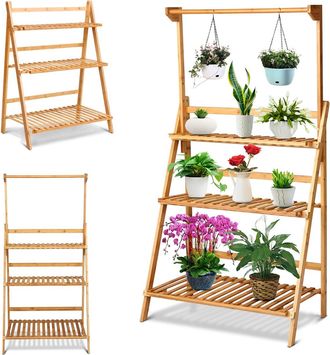 Generic Pflanzenständer Bambus, Blumenständer mit 3 Ebenen, Pflanzenregal mit Hängestange, klappbar Blumenregal Pflanzenregal Blumentreppe Pflanzentreppe für 