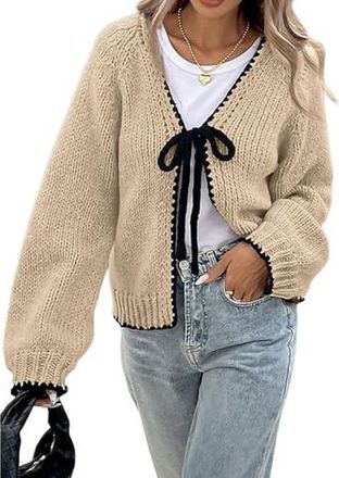 Generic Cardigan ouvert sur le devant avec noeud papillon et col en V, cardigan tendance pour femme avec noeud &agrave; nouer sur le devant, marron, XL