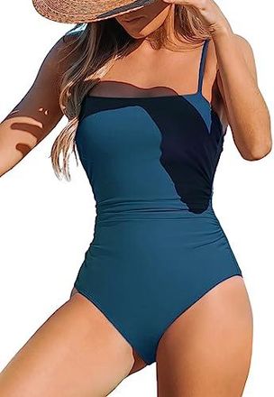Cupshe Maillot de bain une pi&egrave;ce pour femme avec encolure carr&eacute;e et d&eacute;coupe dans le dos avec bretelles spaghetti r&eacute;glables, noir fonc&eacute;, M
