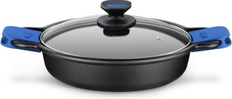 Monix Solid+ | Niedriger Kasserolle, Glasdeckel und Silikongriffe, 2 Liter, Aluminiumguss, Schwarz und Blau, 24 cm