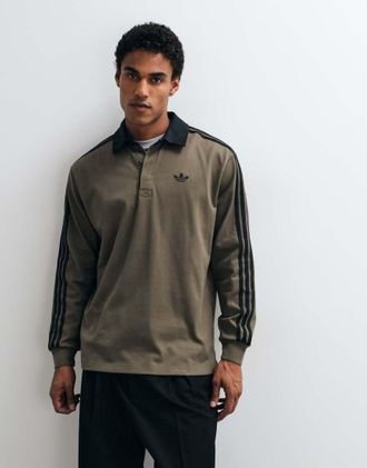 adidas Originals Langarm-Polo mit drei Streifen in Khaki-Braun