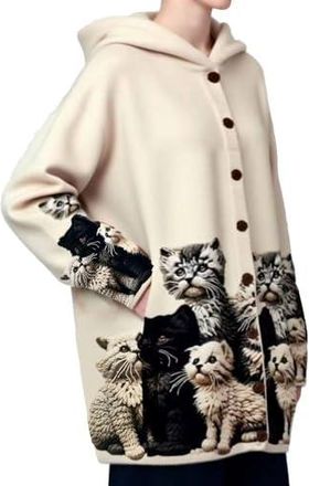 Generic Pull chat pour femme - Cardigan court/long - Y2K - Cardigan &agrave; boutons - Veste graphique mignonne de dessin anim&eacute; surdimensionn&eacute;, Pull long, Taille XL