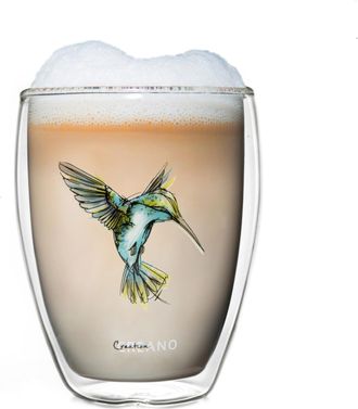 Creano doppelwandiges Tee-Glas, Latte Machiato, Thermobecher Kolibri | Glas mit Vogel Aufdruck | 250ml in exklusiver Geschenkbox, blau