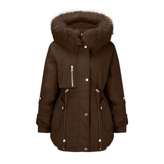 Generic Manteaux longs dhiver pour femme - Doudoune mi-longue doubl&eacute;e en polaire - Veste &agrave; capuche zipp&eacute;e d&eacute;contract&eacute;e &agrave; manches longues - Parka thermique &agrave; c
