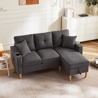 Generic Ecksofa L-Form mit Stauraum & Getr&auml;nkehalter Taschenfederkern Leinen Rechts Links Montierbar Couch Kompakt 175cm Kleine R&auml;ume Inkl 2 Kissen Sectional 