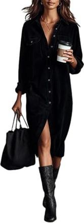 Generic Robe chemise midi boutonnée en velours côtelé pour femme, robe midi décontractée à manches longues, robe midi à col en V, Noir, XXL