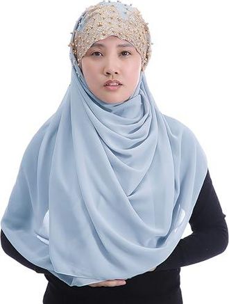 Lina & Lily Hijab Foulard Femme Musulmane en Mousseline de Soie avec Paillettes Perles Dorées (Bleu Clair)