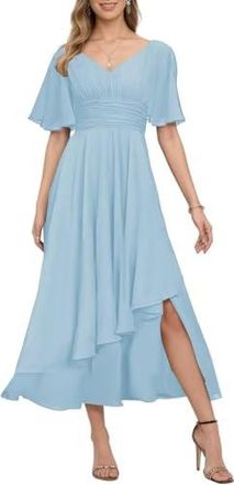 Generic Robe de mère de la mariée avec manches et col en V plissée en mousseline de soie pour invitée de mariage, bleu clair, 50 Grande taille