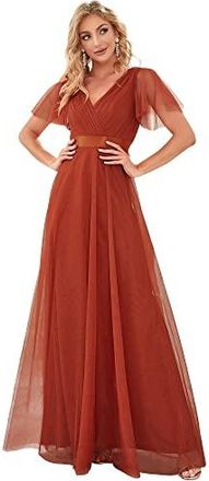 Ever-pretty Robe de Demoiselle dhonneur Soirée Bal Col en V Manches Courtes A-Line Taille Empire Longue Tulle Femme Orange Brûlée 44