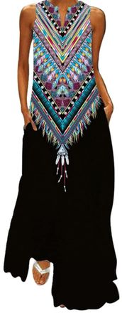 Ocean Plus Damen Ärmelloser Langer Rock V-Ausschnitt Bedrucktes Blumenkleid Ärmelloses Maxikleid mit V-Ausschnitt (4XL, Schwarze Stammesdekoration)