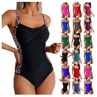 Generic Maillot de bain une pi&egrave;ce monokini fronc&eacute; pour femme - Contr&ocirc;le du ventre - Col carr&eacute; - Push Up - Rembourr&eacute; - Maillot de bain complet - Mode patchwork