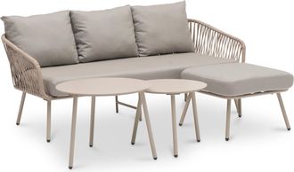IDIMEX Gartenlounge Mykonos, Champagne/beige - Balkon Lounge Sofa mit Dreisitzer, Hocker & Beistelltisch, Wasserabweisende Kissen, wetterfest für Balkon und 
