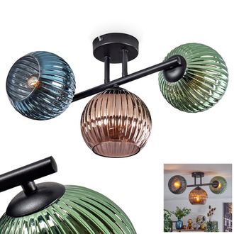 HOFSTEIN Deckenleuchte Koyoto, 3-flammige Deckenlampe aus Metall/Riffelglas in Schwarz/Gr&uuml;n/Blau/Kupfer, Leuchte im Retro/Vintage-Design (Schirme &Oslash; 15 cm), E14