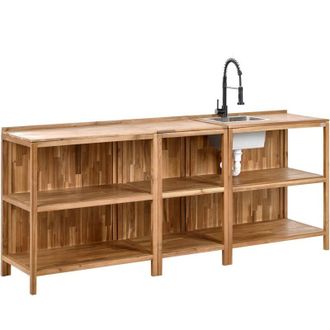 Beliani Ensemble de Cuisine Ext&eacute;rieur 3 Pi&egrave;ces &Eacute;tag&egrave;res avec &Eacute;vier et Robinet Acier Inox Noir Bois dAcacia Marron Venosa