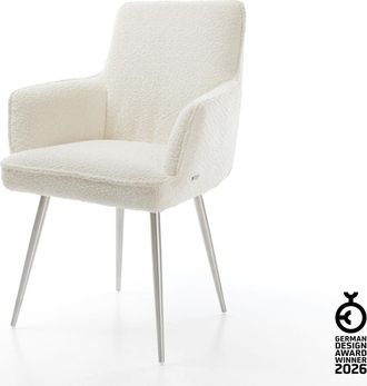 DELIFE Esszimmerstuhl Heira-Flex mit Armlehnen Boucl&eacute; Wei&szlig; 4-Fu&szlig; konisch Edelstahl Taschenfederkern, Esszimmerst&uuml;hle