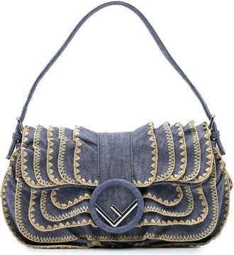 Fendi Crossbody Bags - Embroidered Denim Ruffled F is Fendi Kan I Baguett - Gr. unisize - in Blau - für Damen