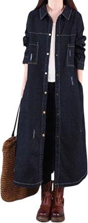 Generic Veste longue en jean pour femme, trench-coat en denim, coupe ample, blazer style d&eacute;contract&eacute;, veste &eacute;l&eacute;gante pour le printemps et lautomne, noire, tai
