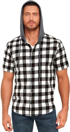 Generic DENGJIAMY Chemise &agrave; capuche &agrave; carreaux pour homme, chemises d&eacute;t&eacute; boutonn&eacute;es, hauts d&eacute;contract&eacute;s, &agrave; manches courtes, &agrave; la mode, t-shirts claasic pour h