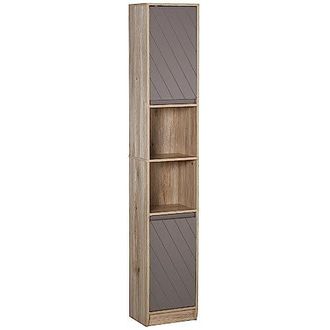 HOMCOM Meuble Colonne Rangement Salle de Bain Style Cosy 30 x 24 x 170 cm 2 Portes &eacute;tag&egrave;re 2 niches ch&ecirc;ne Clair Gris