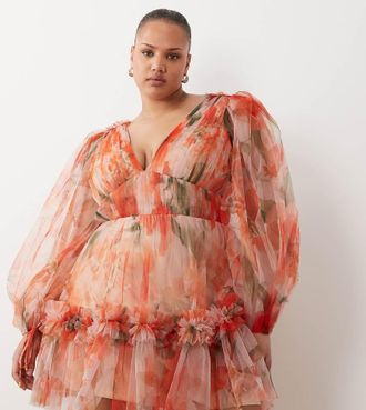 Lace & Beads Plus Robe courte en organza &agrave; imprim&eacute; coquelicots avec col V et manches ballon - Orange-multicolore