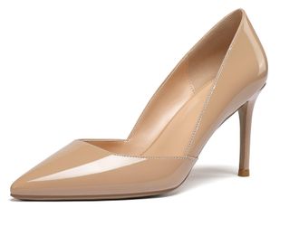 EDEFS Damen Slip-on High Heels Spitze Zehen Dorsay Pumps Klassische Hochzeits Schuhe Lackbeige Gr&ouml;&szlig;e EU39