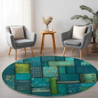 Generic Art D&eacute;co Vert Olive Doux Tapis Rond 160 cm, Lavable Antid&eacute;rapant Poil Ras Carpet, Motif Patchwork Vintage Floral Descente de Lit Chambre Adulte Salon 