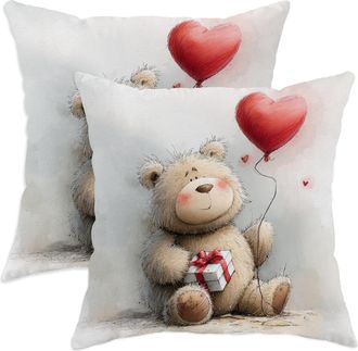 Generic Niedliche, Fantasievolle Geschenkbox Mit B&auml;renherz, Rot Dekokissen Komfort Dekokissenbezug Weich Kissenbezug F&uuml;r Bett B&uuml;ro Balkon 45X45Cm 2Er Set