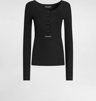 Dolce & Gabbana Ribbed Cotton Serafino T-shirt - Frau T-shirts Und Sweatshirts Schwarz Baumwolle 48