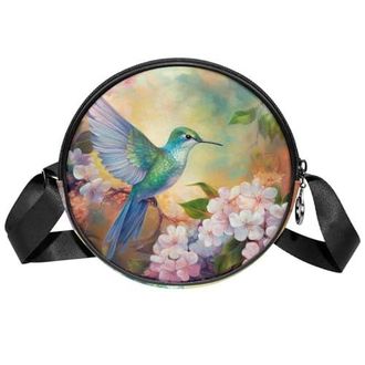 Generic Petit sac &agrave; bandouli&egrave;re circulaire pour femme, motif colibris et fleurs, sac &agrave; dos avec fermeture &eacute;clair, bretelles r&eacute;glables, sac &agrave; main rond d&eacute;contr