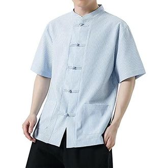 Generic Chemise en coton et lin pour homme - Chemisier dentra&icirc;nement &agrave; col r&eacute;tro - T-shirt &agrave; manches courtes en coton pour homme - Boucle de plaque - Chemise 