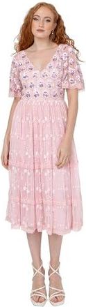 Maya Robe midi pour Femme - Manches Courtes - Col en V - Ligne A - Paillettes - Embellished Floral Tulle - Dentelle - Mariage - Bal de Rose - 50, Rose Ball
