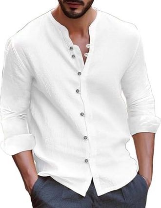 Generic Chemise en coton et lin pour homme - Chemisier dentra&icirc;nement d&eacute;contract&eacute; pour le printemps et lautomne - Col de chemise en coton &agrave; manches longues - C