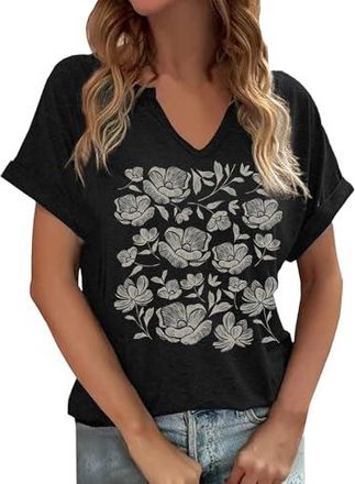 Generic Robes boh&egrave;mes pour femmes, hauts &agrave; manches courtes et col en V, haut de grande taille, t-shirt graphique d&eacute;t&eacute; d&eacute;contract&eacute; 2026, Noir, XXL