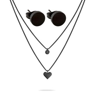 Liebeskind BERLIN Schmuck-Set - Schwarze Ohrstecker und Layering-Kette mit Herzanh&auml;nger - IP Schwarz - Venezianerkette verstellbar bis 45 cm - wasserfest & hautf