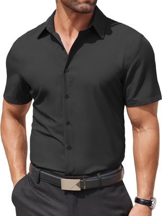 Coofandy Kurzarmhemd Herren Freizeithemd Bügelfrei Sommer Herrenhemd Kurzarm Businesshemd Männer Hemd Casual Regular Fit Hemden Schwarz XL