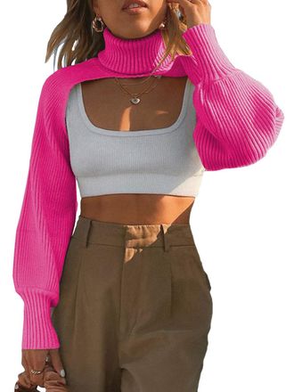 ORANDESIGNE Damen Rollkragen Kurz Pullover Geripptes Laternen&auml;rmel Gestricktes Crop Top Lange &Auml;rmel Strickoberteil Clubwear Einfarbiger Ultrakurz Pullover Rose Ei