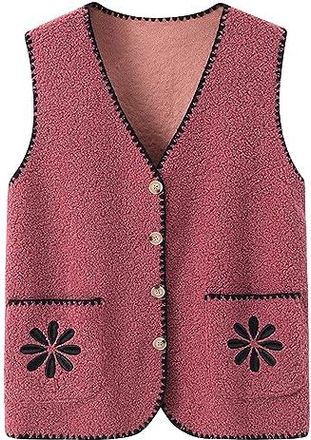 Generic Vestes pour femme 2026 - Chaud et confortable - En fausse peau de mouton - Avec motif floral - Col en V - Sans manches - Avec poches boutonn&eacute;es, rose,