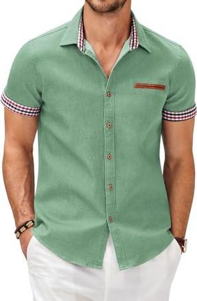 Coofandy Chemise d&Eacute;t&eacute; Homme Manches Courtes - Chemise Casual Chic en Coton, Id&eacute;ale pour Bureau/Voyage, Style Western &Eacute;l&eacute;gant Vert C&eacute;ladon-B L