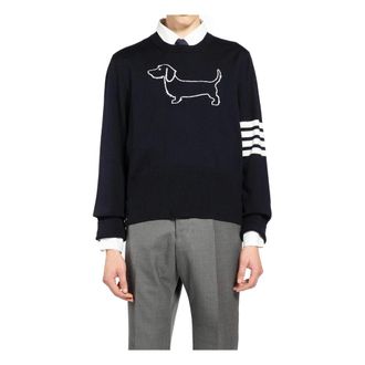 Thom Browne Homme, Pulls, Bleu, Taille: XL Hector Icon Intarsia Classic Crew Neck Pullover